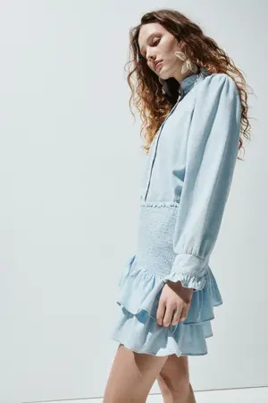 H&m Smocked Tiered Denim Mini Skirt - Light Blue