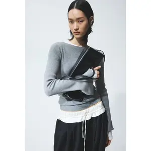 H&M Rib-knit Boat Neck Top With Slit Cuffs - Gray Melange