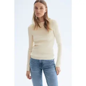 H&M Rib-knit Boat Neck Top With Slit Cuffs - Light Beige