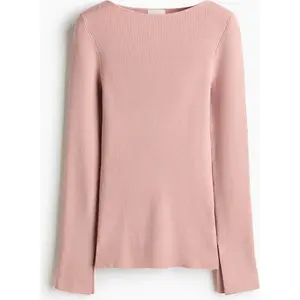 H&m Rib-knit Boat Neck Long Sleeve Top With Cuffed Slits - Light Pink