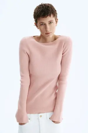 H&m Rib-knit Boat Neck Long Sleeve Top With Cuffed Slits - Light Pink