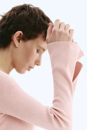 H&m Rib-knit Boat Neck Long Sleeve Top With Cuffed Slits - Light Pink