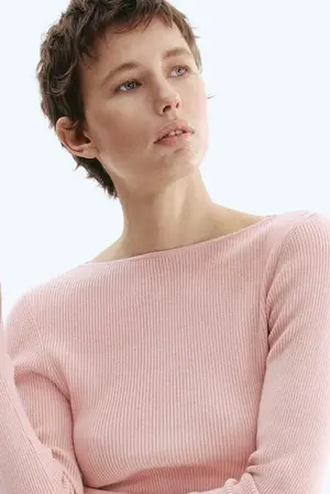H&m Rib-knit Boat Neck Long Sleeve Top With Cuffed Slits - Light Pink