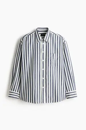 H&m Relaxed Fit Poplin Shirt - Dark Blue/striped