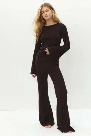 H&m Rib-knit Linen-blend Top With Boat Neckline And Trumpet Sleeves