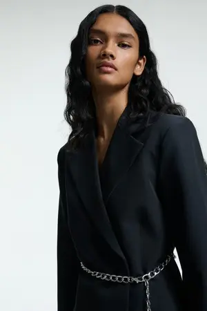 H&m Belted Blazer With Notched Lapel - Black