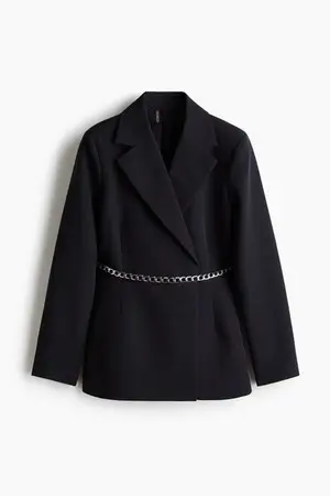 H&m Belted Blazer With Notched Lapel - Black
