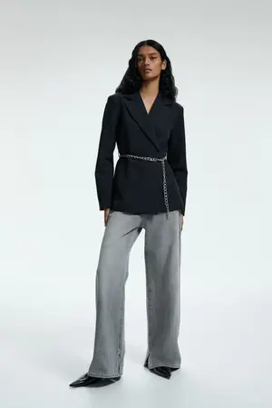H&m Belted Blazer With Notched Lapel - Black