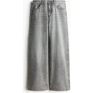 H&m Baggy High Waist Jeans With Ripped Knees - Light Gray