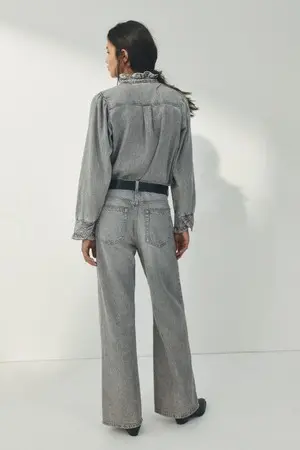 H&m Baggy High Waist Jeans With Ripped Knees - Light Gray