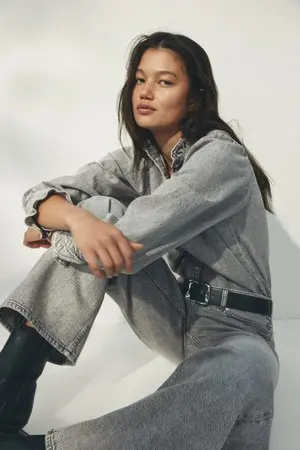 H&m Baggy High Waist Jeans With Ripped Knees - Light Gray