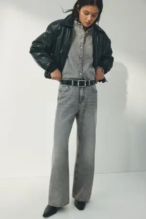 H&m Baggy High Waist Jeans With Ripped Knees - Light Gray