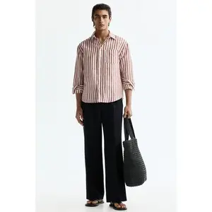 H&m Relaxed Fit Linen-blend Shirt - Rust Red/striped