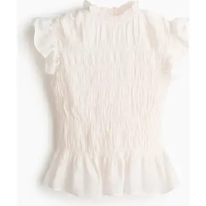 H&m Smocked Peplum Top With Frill Collar - White