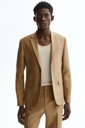 H&M Slim Fit Linen Single-breasted Blazer With Notch Lapels - Beige