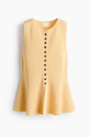 H&m Rib-knit Peplum Waistcoat With Button Front - Light Yellow