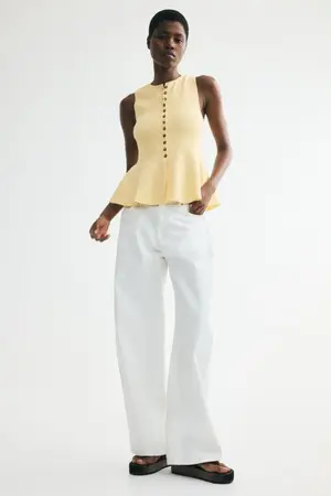 H&m Rib-knit Peplum Waistcoat With Button Front - Light Yellow