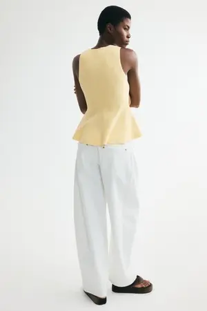 H&m Rib-knit Peplum Waistcoat With Button Front - Light Yellow