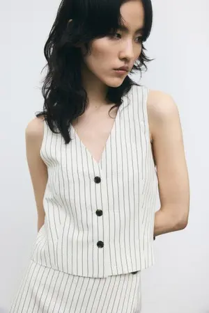 H&m Short Waistcoat - Cream/striped