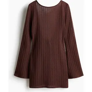 H&m Textured Knit Boat Neck Beach Dress - Dark Brown