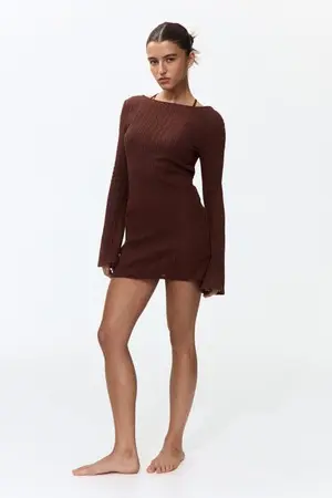 H&m Textured Knit Boat Neck Beach Dress - Dark Brown