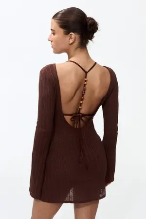 H&m Textured Knit Boat Neck Beach Dress - Dark Brown