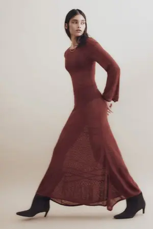 H&M Pointelle-knit Maxi Dress With Trumpet Sleeves - Brown