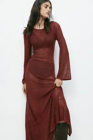 H&M Pointelle-knit Maxi Dress With Trumpet Sleeves - Brown