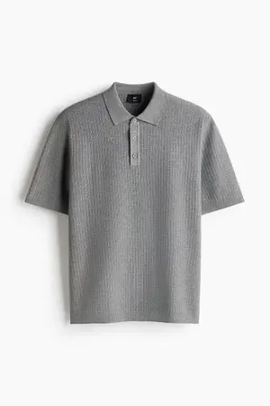 H&m Regular Fit Textured-knit Polo Shirt - Gray