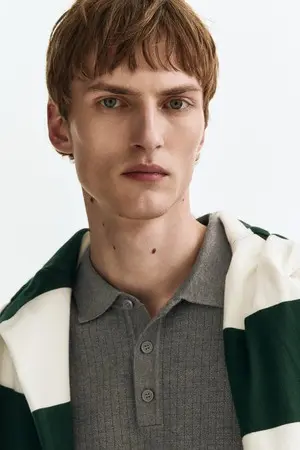 H&m Regular Fit Textured-knit Polo Shirt - Gray