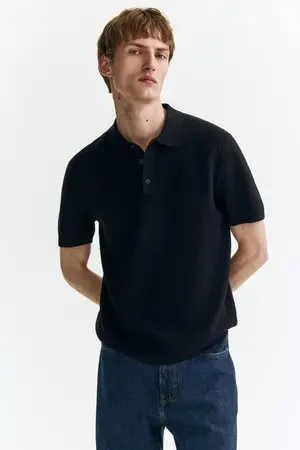 H&M Regular Fit Textured-knit Polo Shirt - Navy Blue