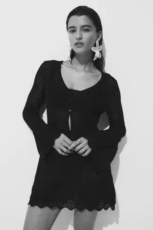 H&m Pointelle Knit Mini Beach Dress - Black