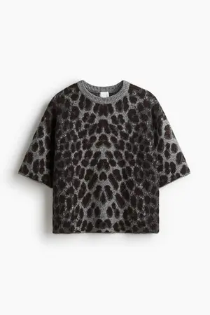H&M Boxy Jacquard-knit Jumper With Ribbed Neckline - Gray/leopard Print