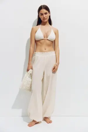 H&m Crinkled Cotton Beach Trousers - Cream