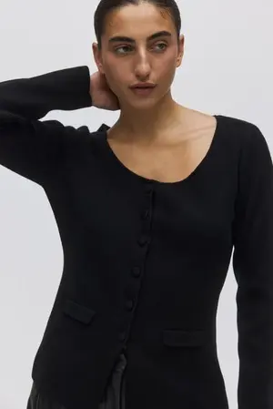 H&M Fitted Rib-knit Cardigan With Scoop Neck - Black