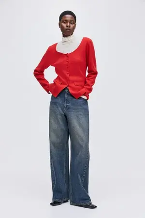 H&m Fitted Rib-knit Cardigan With Scoop Neck - Red