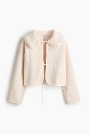 H&m Collared Bouclé Cardigan With Frill Trim