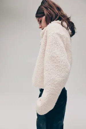 H&m Collared Bouclé Cardigan With Frill Trim