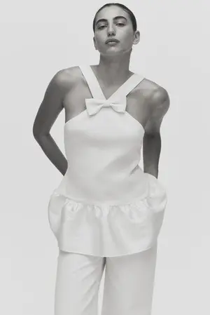 H&m Bow Detail V-neck Peplum Top - Cream