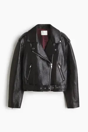 H&m Coated Biker Jacket With Notch Lapels And Belt