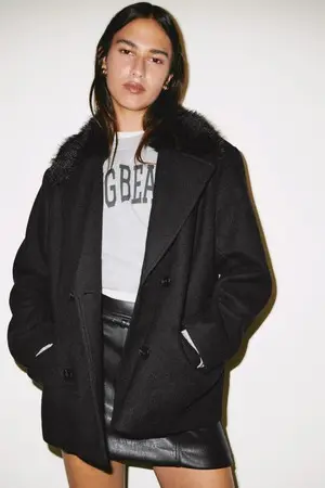 H&m Double-breasted Pea Coat With Fluffy Collar