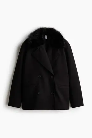 H&m Double-breasted Pea Coat With Fluffy Collar