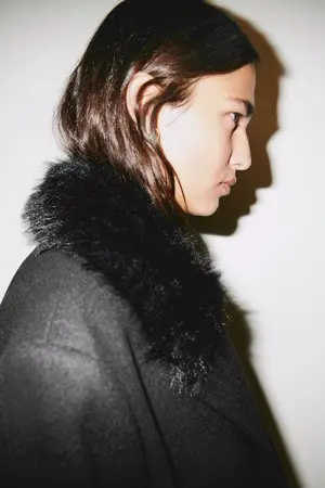 H&m Double-breasted Pea Coat With Fluffy Collar