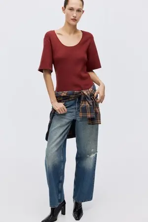 H&m Fine-knit T-shirt - Dark Red