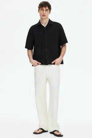 H&M Relaxed Fit Waffled Resort Shirt - Black