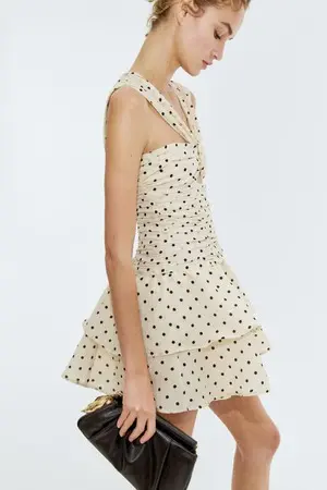 H&m Ruched Flared Skirt Sweetheart Neckline Dress - Light Beige/dotted