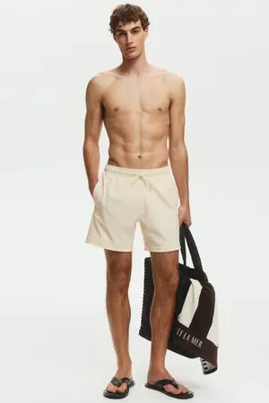 H&m Seersucker Swim Shorts With Drawstring Waist - Cream