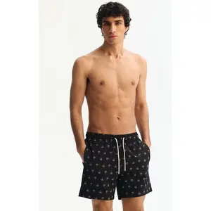 H&m Seersucker Swim Shorts With Palm Print - Black