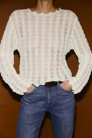 H&m Pointelle-knit Jumper With Scalloped Trims - Cream