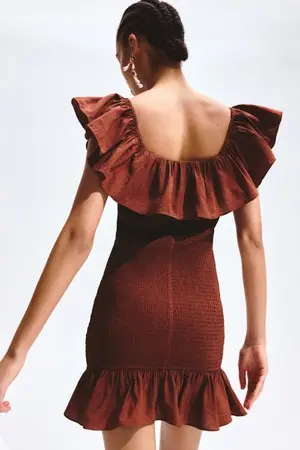 H&m Flounced Off-the-shoulder Dress - Rust Brown